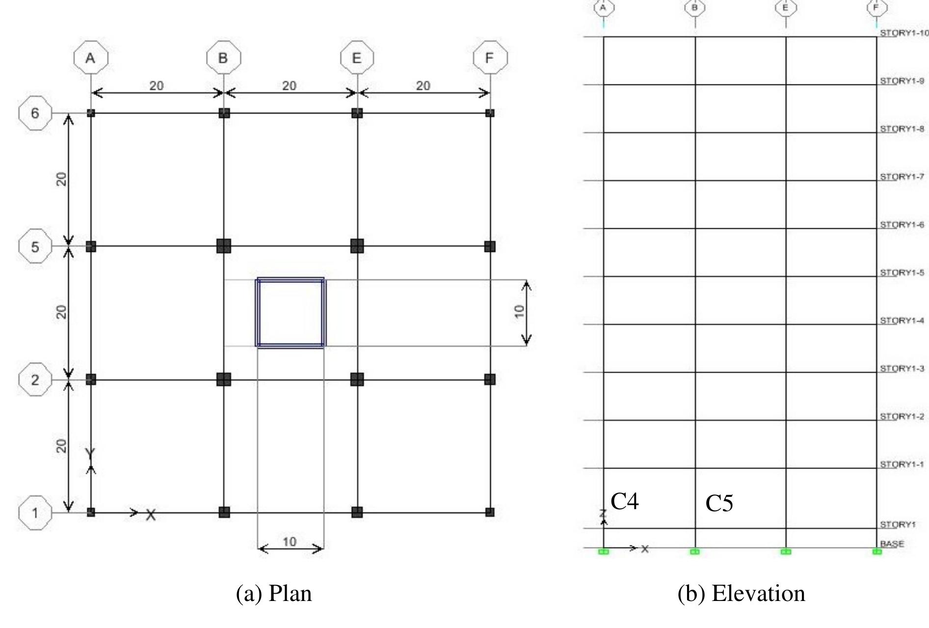 Plan and elevation of fem model (dimension in feet) after