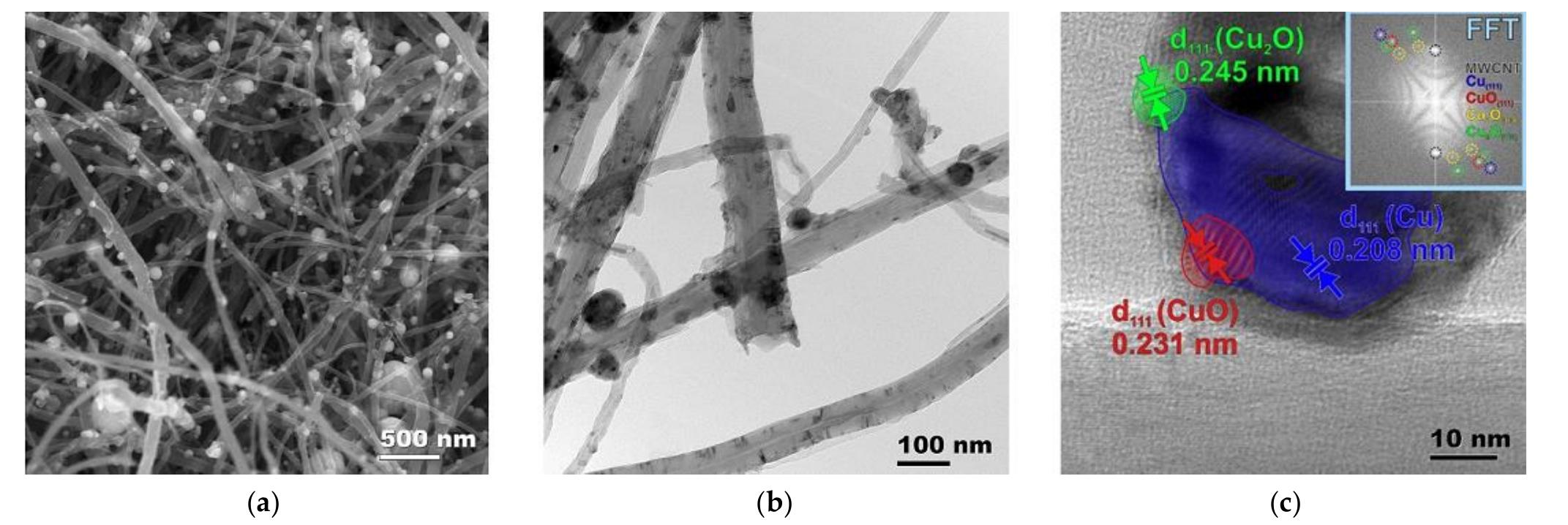 Electron microscopy images of the cu/mwcnts hybrid