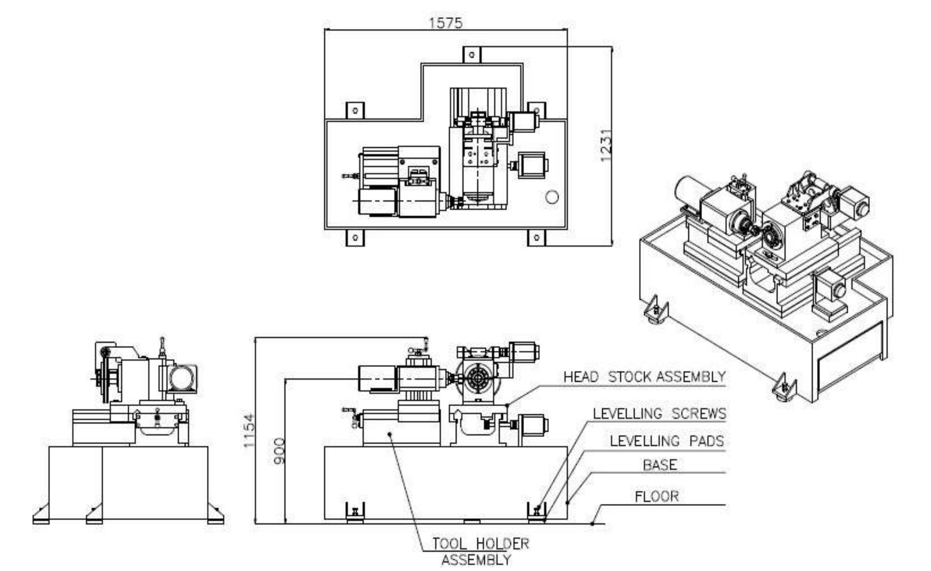 Machine layout of gear tooth rounding/chamfering machine.