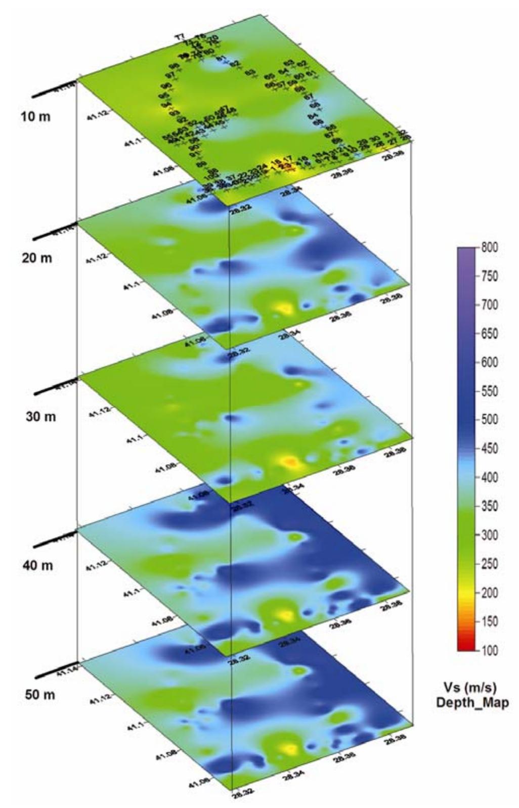 Shear wave velocity map for different depths.