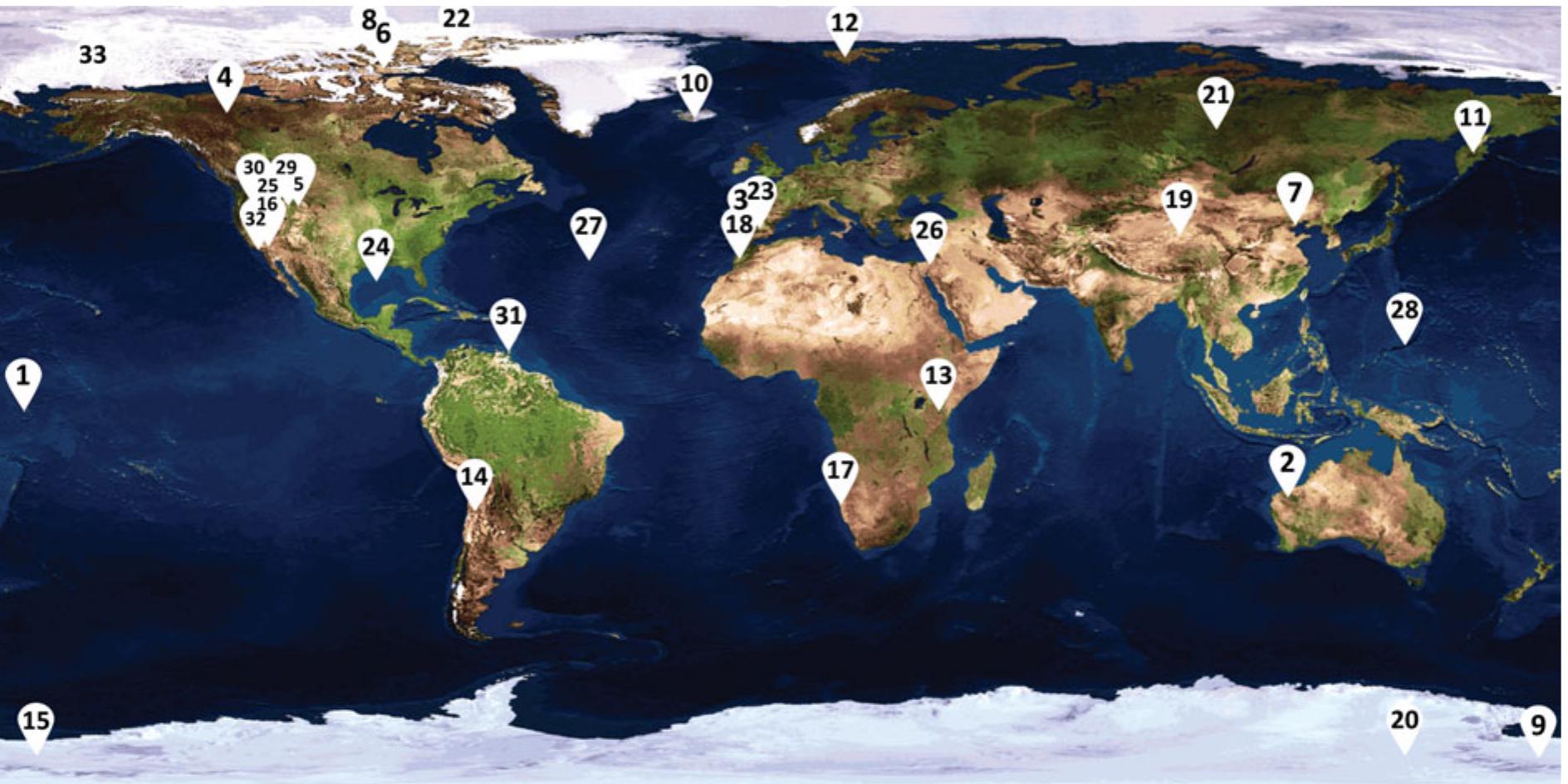 Global map of the earth with 33 analogue sites identified.