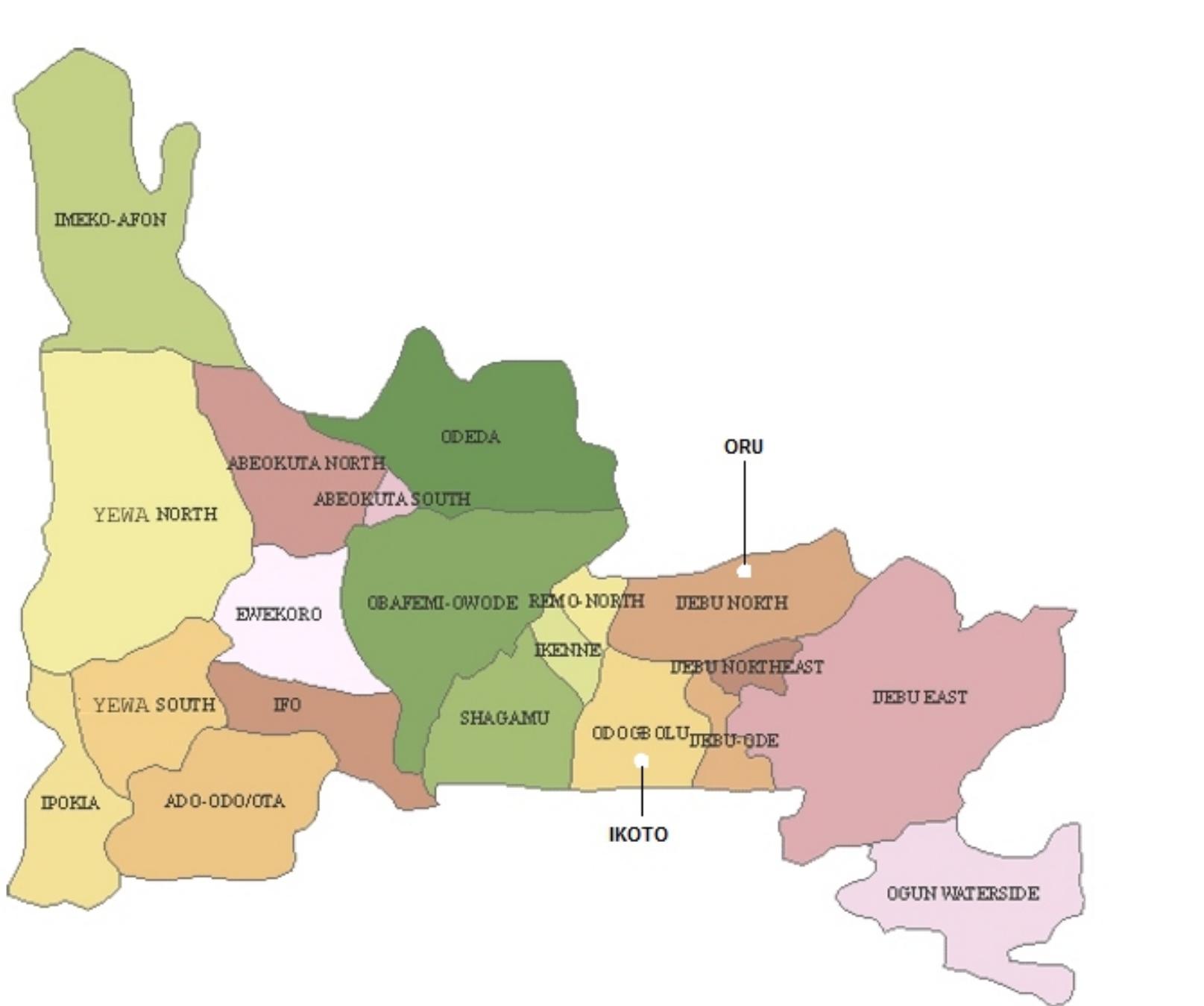 Map of ogun state showing oru community within ijebu north