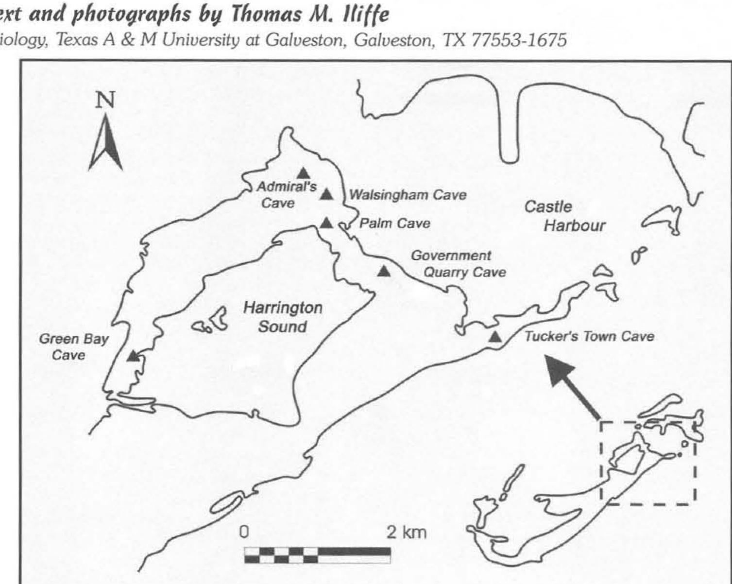 Map of bermuda showing the location of principle caves: