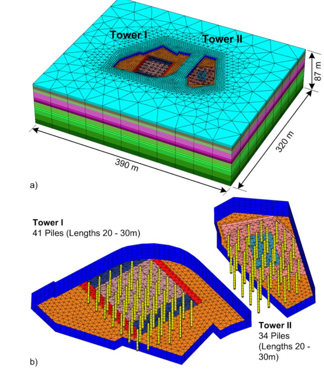 Piled raft foundation: a) entire 3d model b) bottom view of