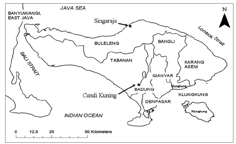 Map of bali island. candi kuning and singaraja are major