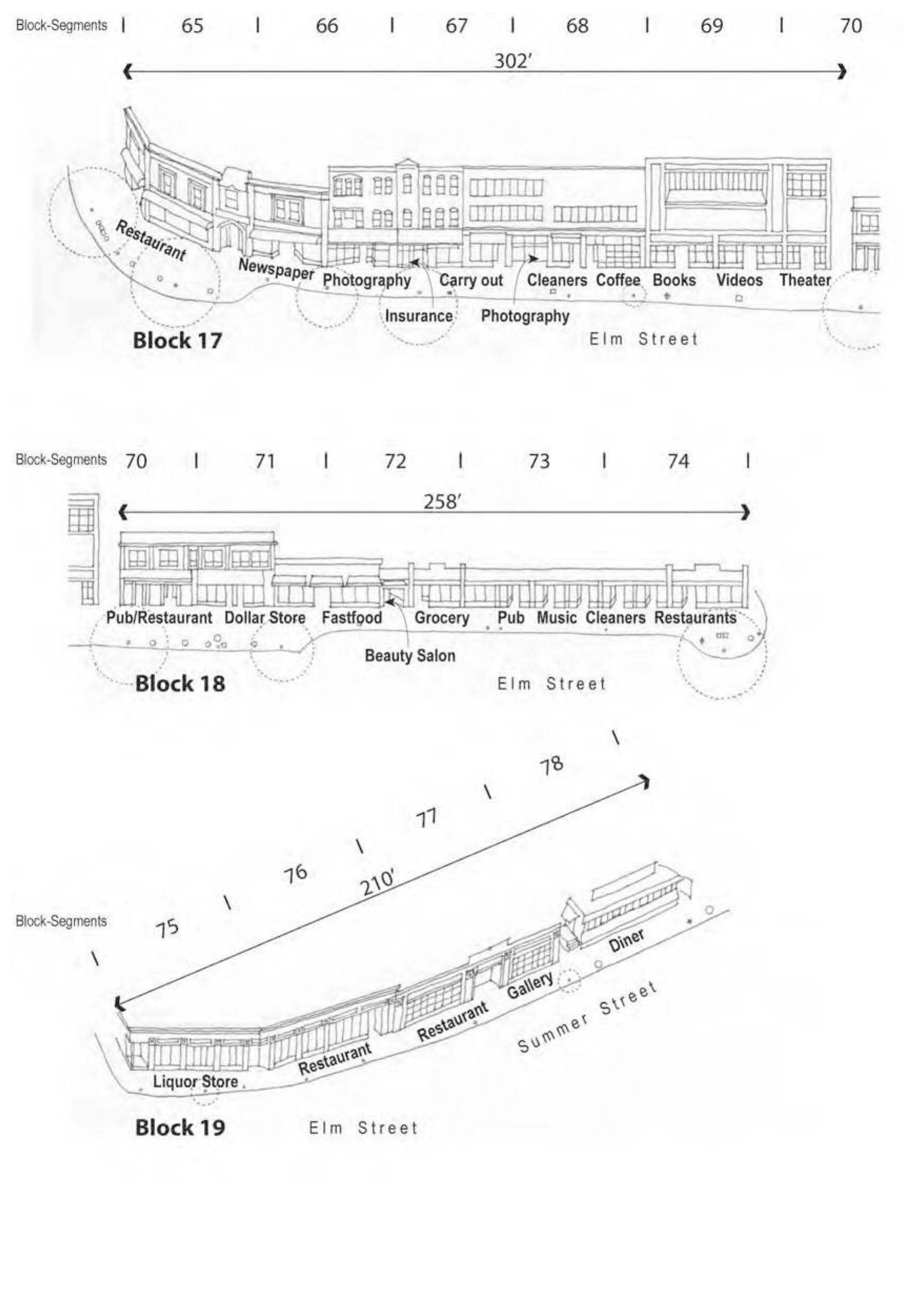 A combined plan and elevation of eight blocks studied on elm