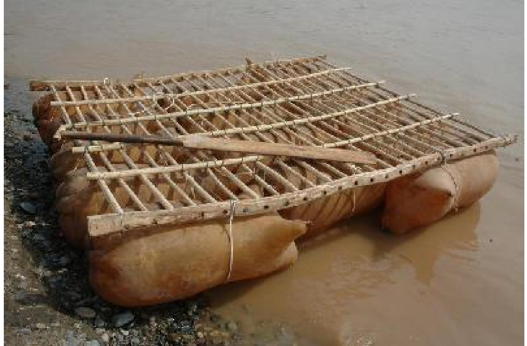 Skin boat: traditional skin raft from central mountains,