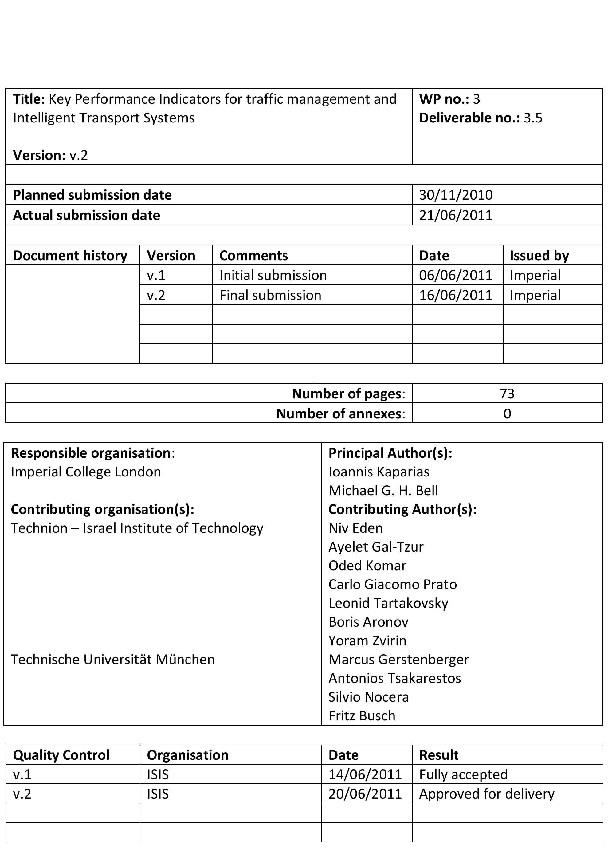 Table 1 - Key Performance Indicators for traffic management