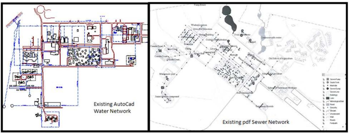 Existing water network (autocad drawing) (left), scanned