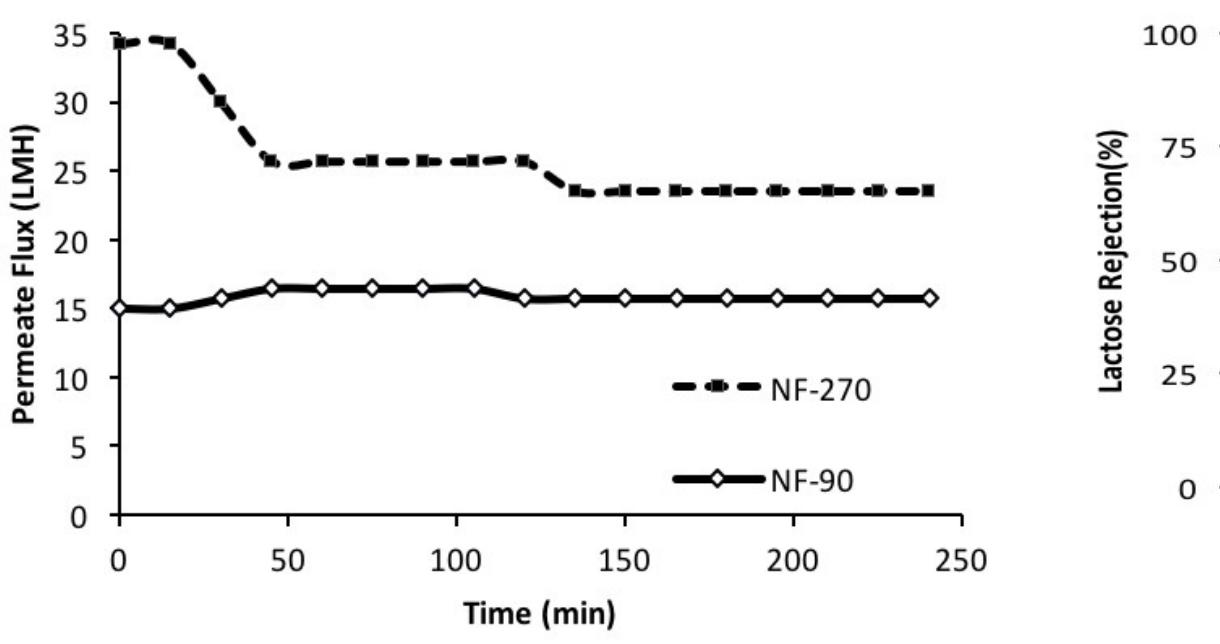 Permeate flux vs. time plots by nf membranes