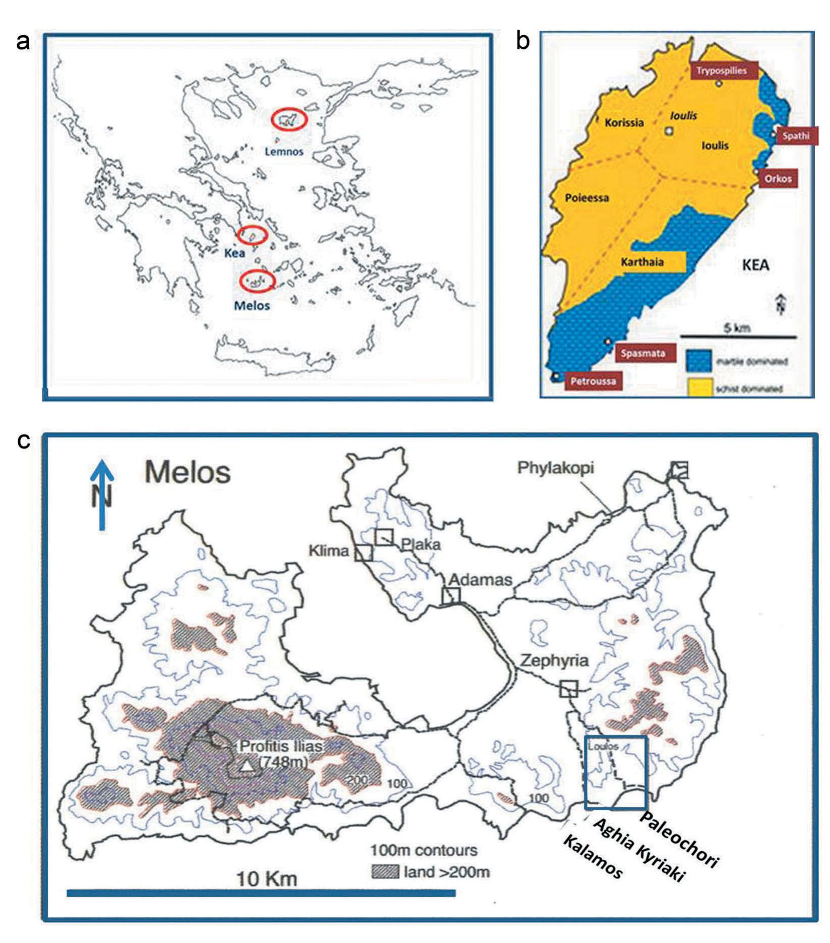 (a) map of greece and the aegean sea with the islands melos,