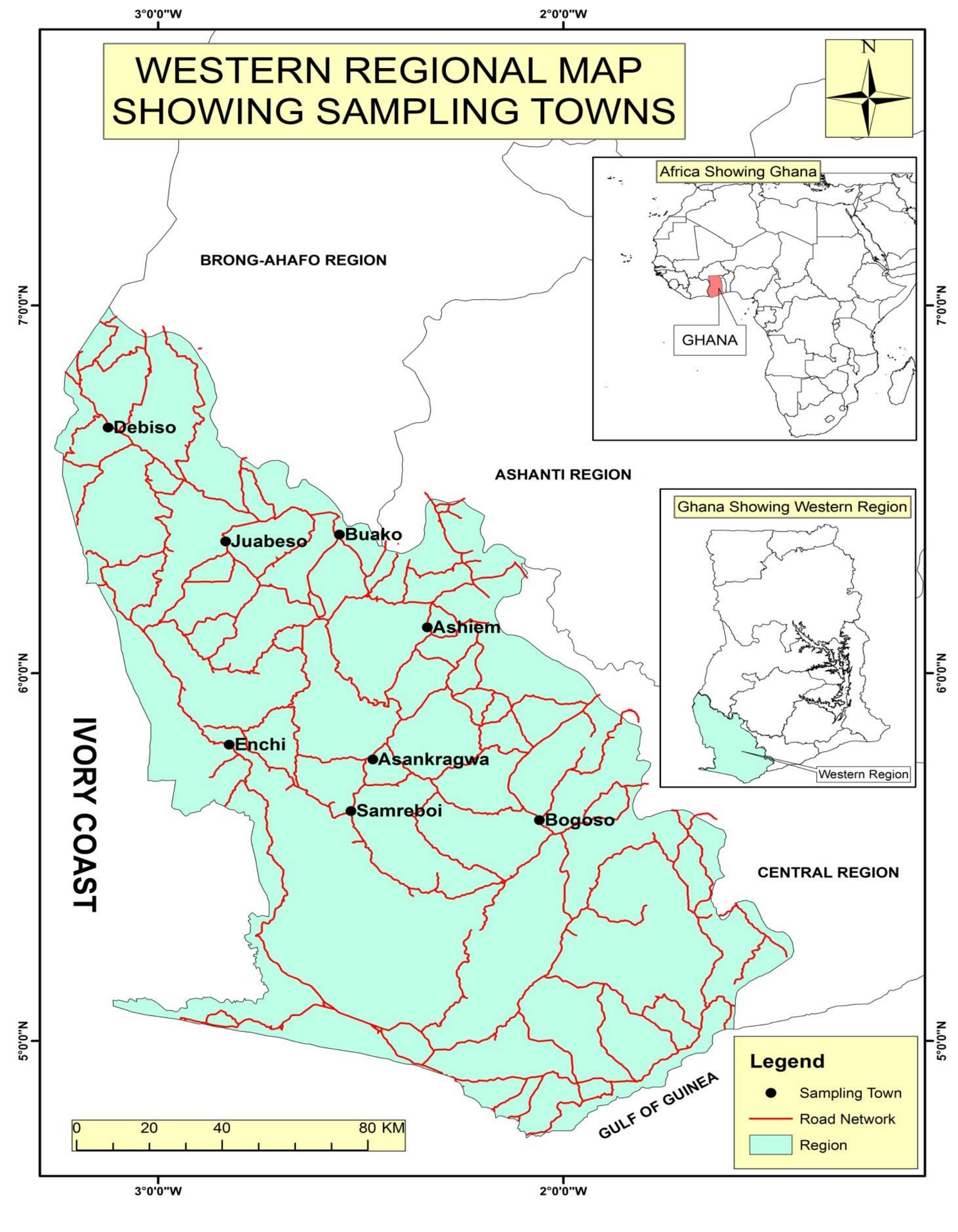 1: map of africa, ghana and western region indicating the