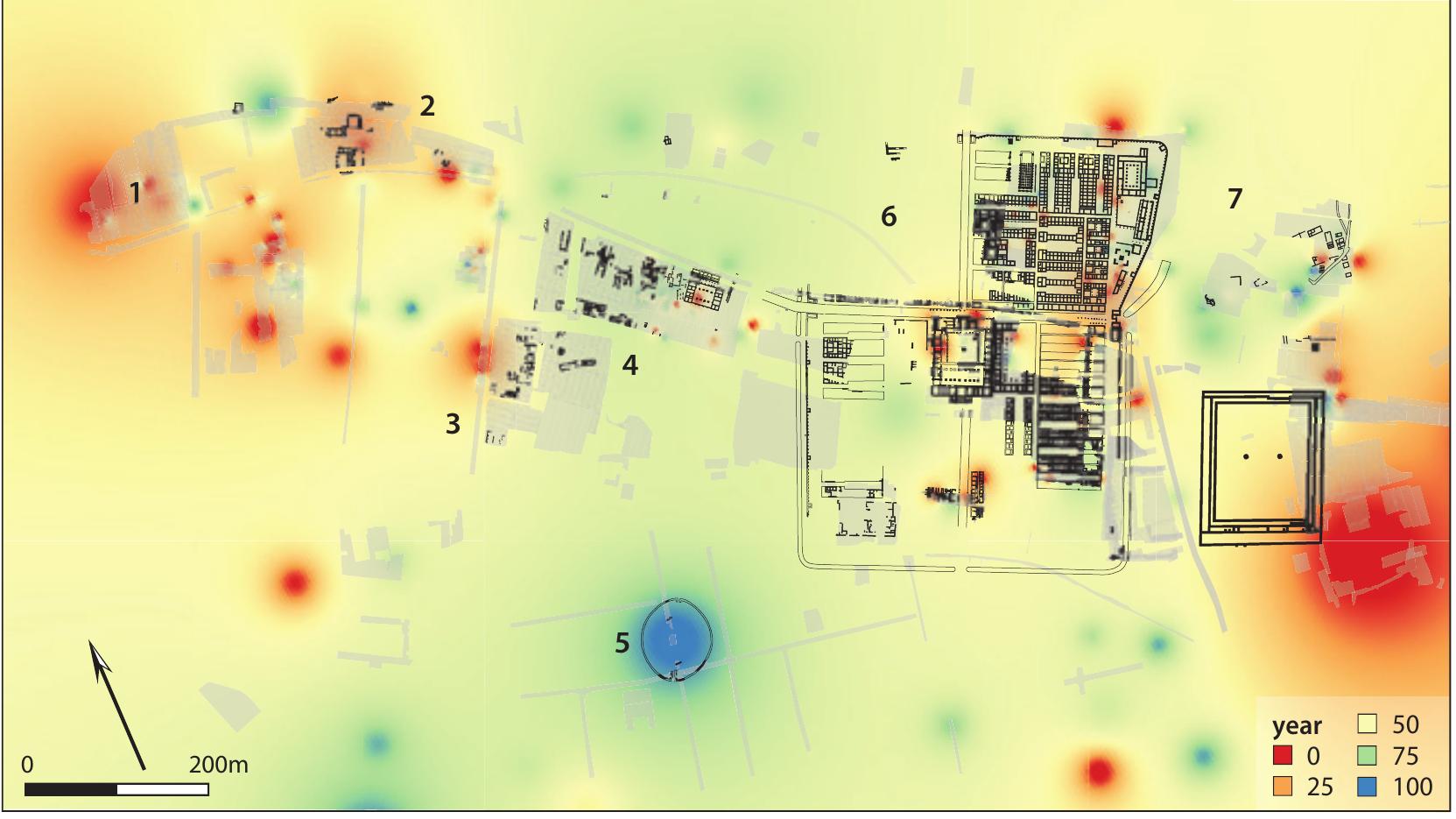 Heat map of the average date per coordinate of the coins up