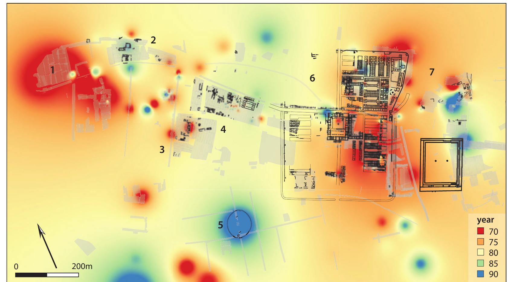 Heat map of the average date per coordinate of the coins