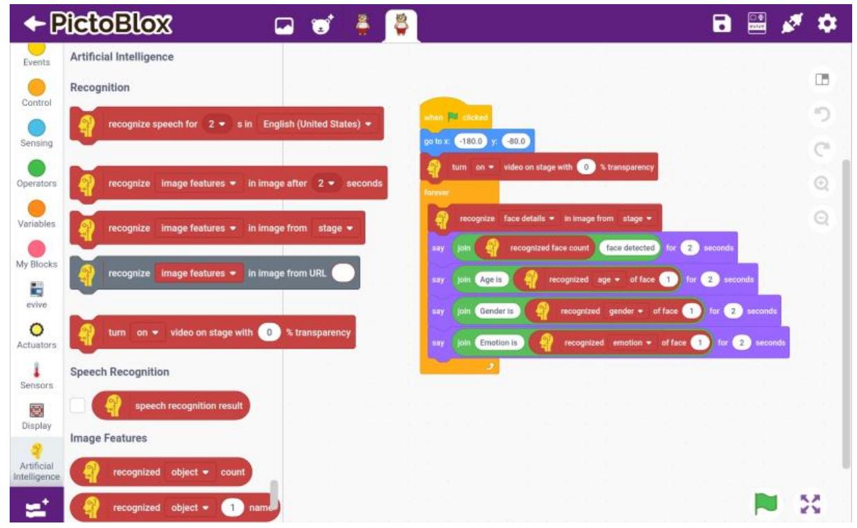 Example of pictoblox algorithm with ai blocks pictoblox's ai