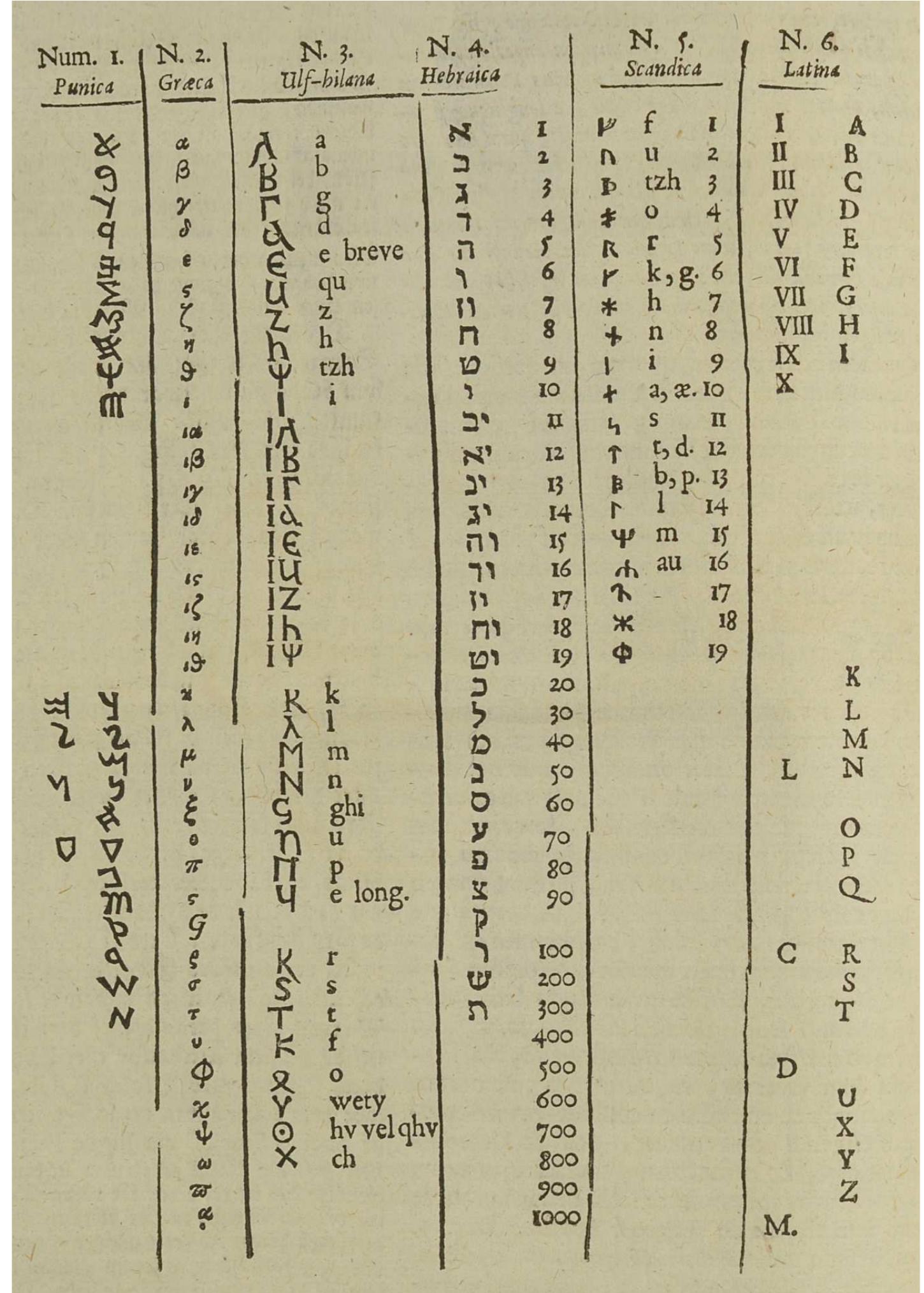 Table comparing the phoenician, greek, gothic, hebrew, and
