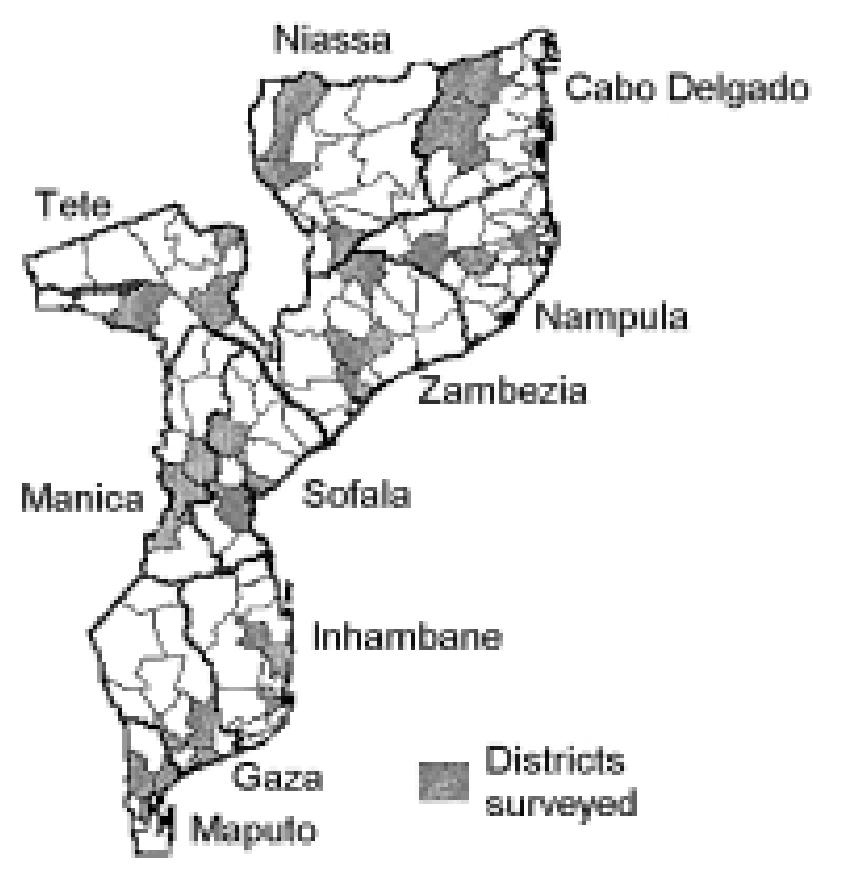 Map of mozambique showing the ten provinces and the
