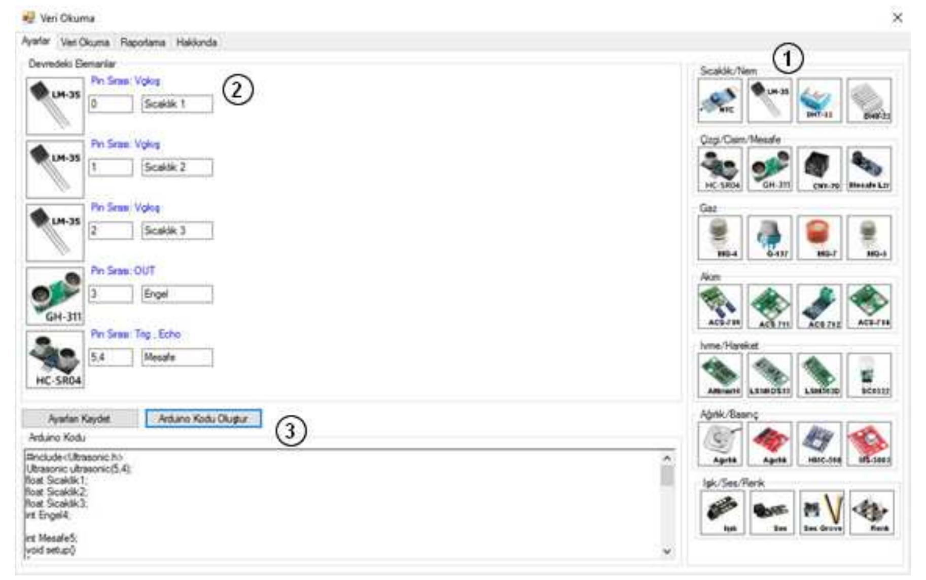 Sekil 3. sens6r secimi ve arduino kod olusturma ekrani