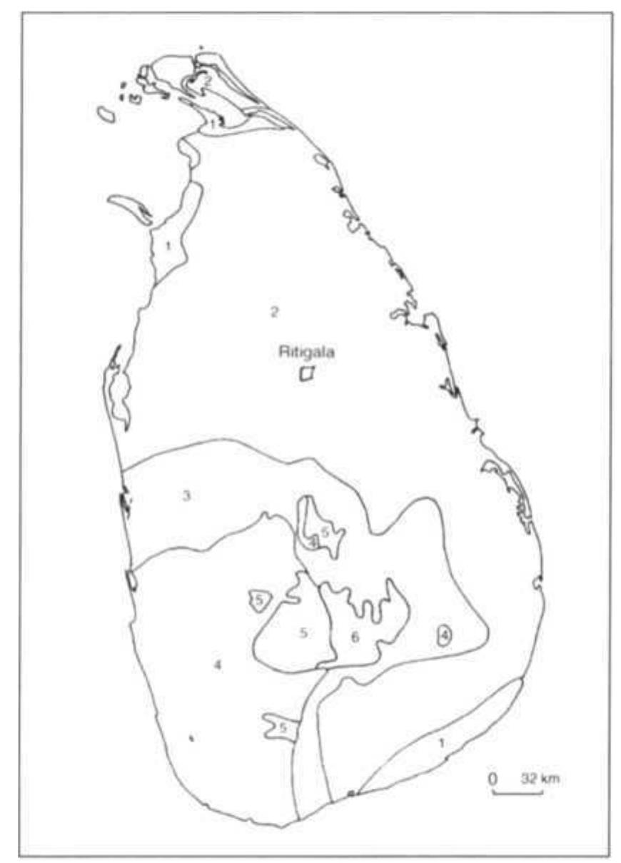 Shows the climatic zones of sri lanka: arid (1), dry (2),