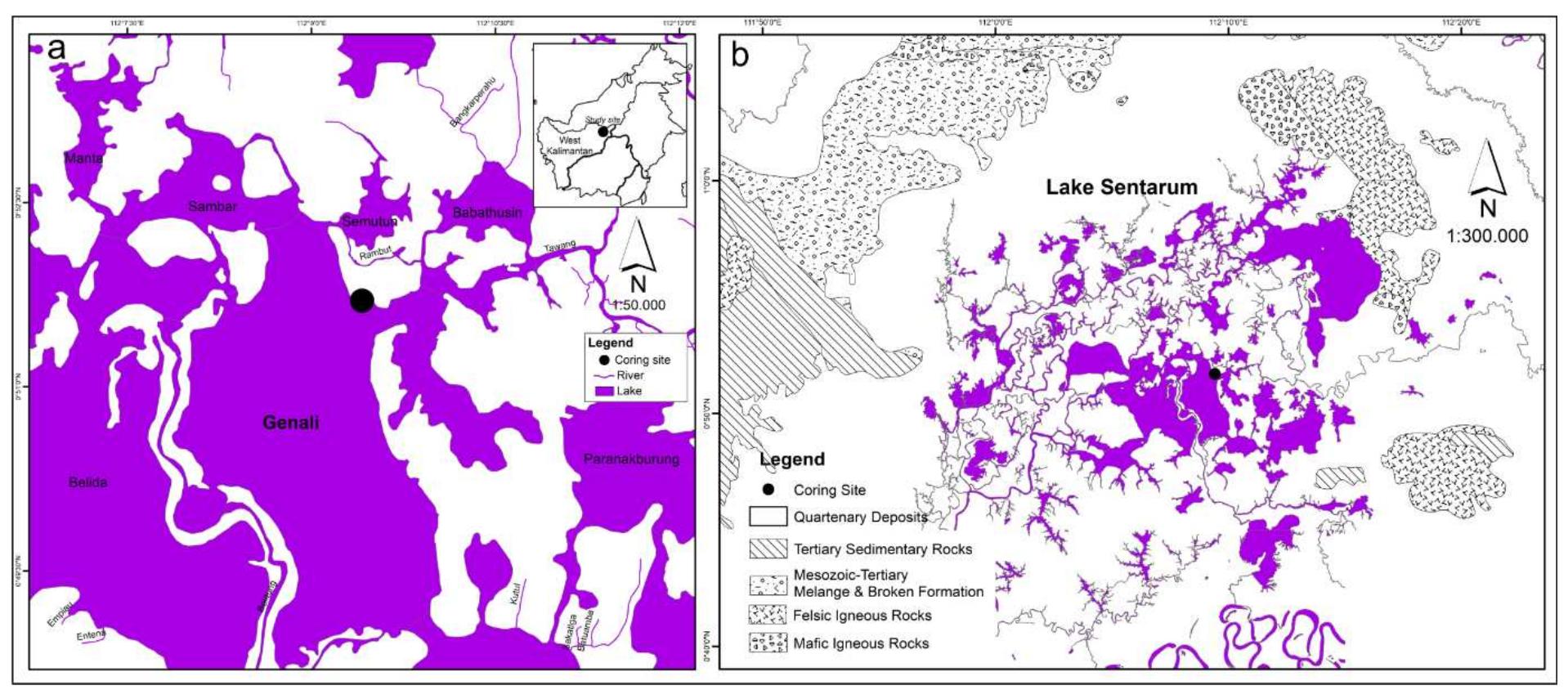 (a) study site map; (b) geological map of lake sentarum area