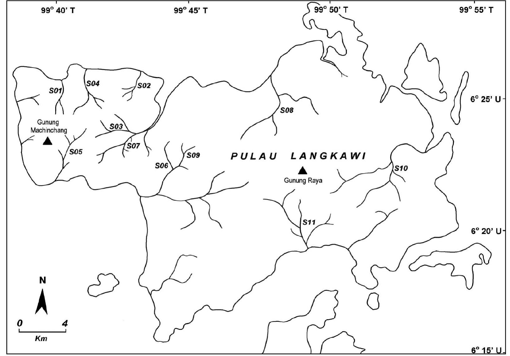 Map of pulau langkawi showing the streams where fishes were