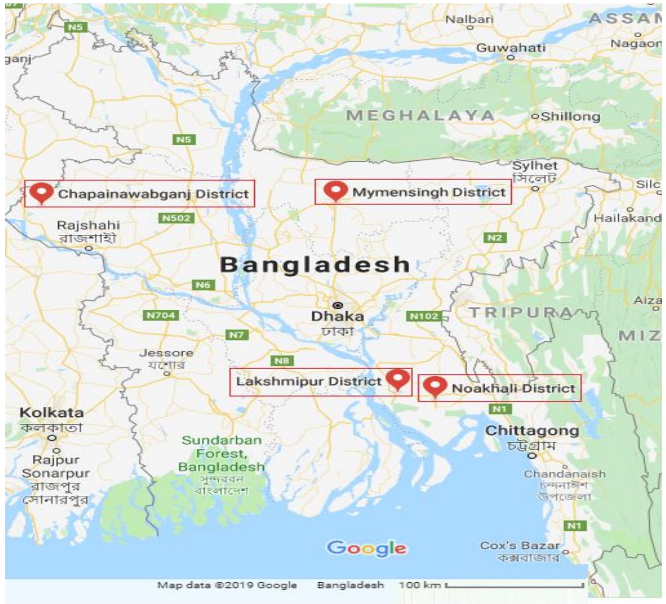 Map of bangladesh: four pins indicated the locations of