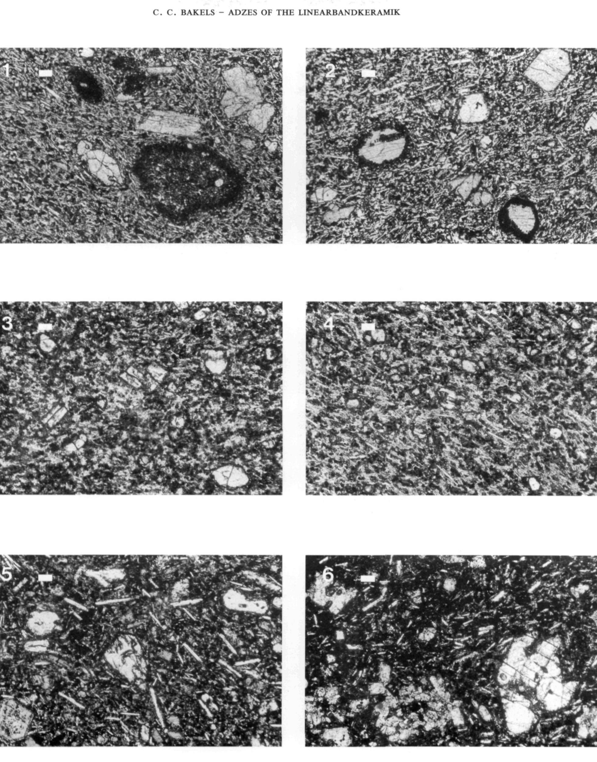 Examples of basalts, thin sections, scale unit 100um. 1.
