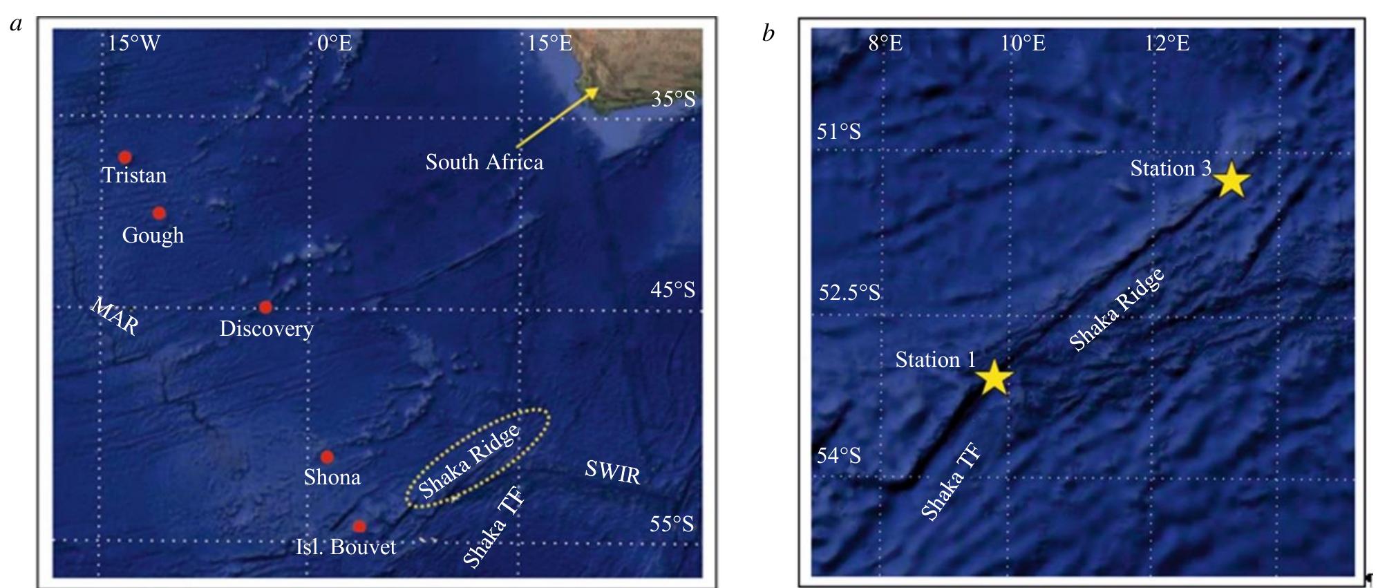 Map of the shaka ridge area (a) and the dredging stations