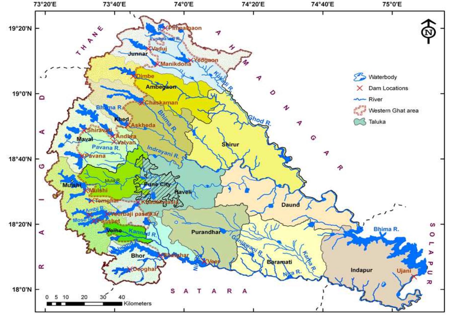 Pune district map showing talukas and major river system