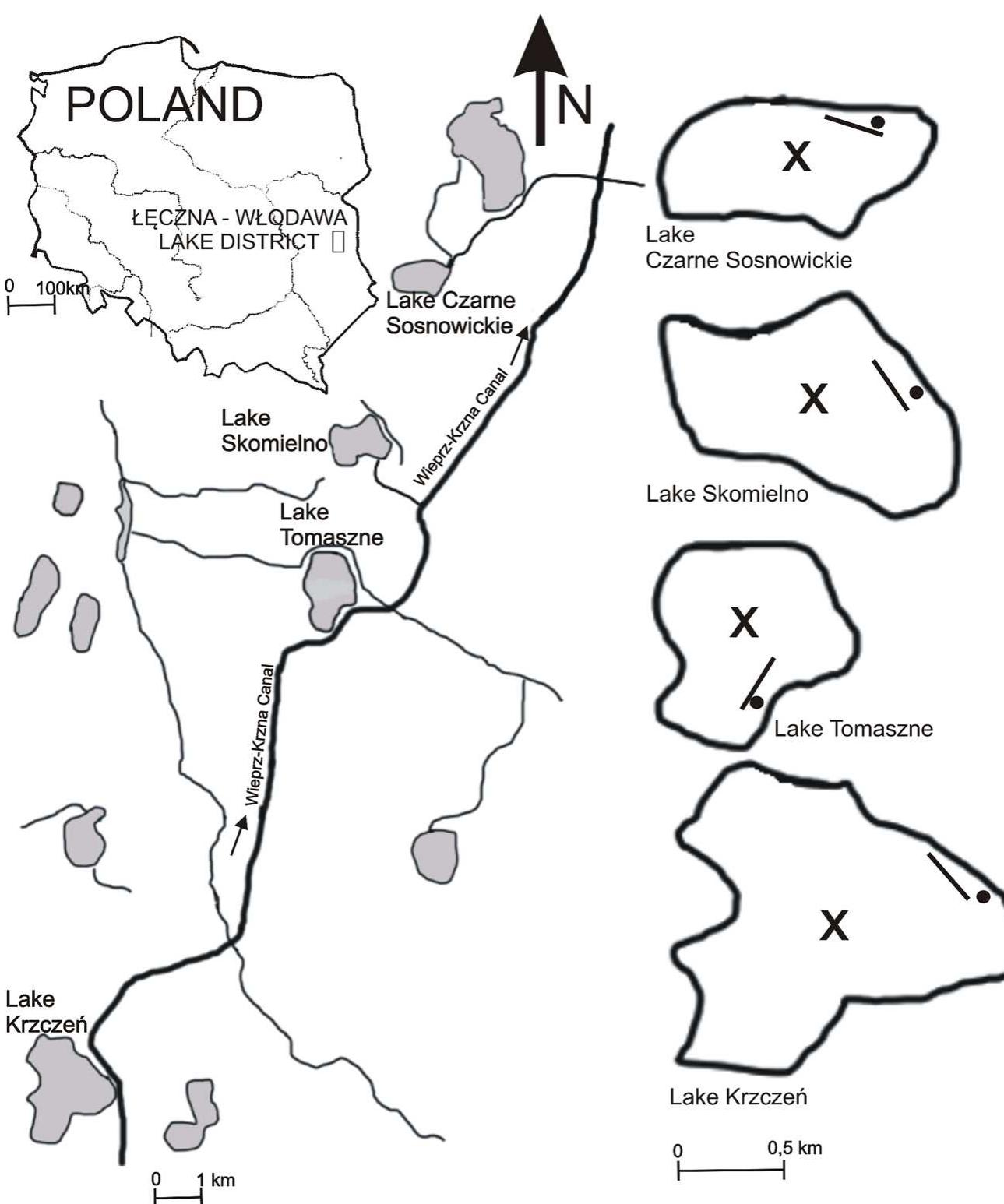 Location of the lakes and sampling points. e — sampling