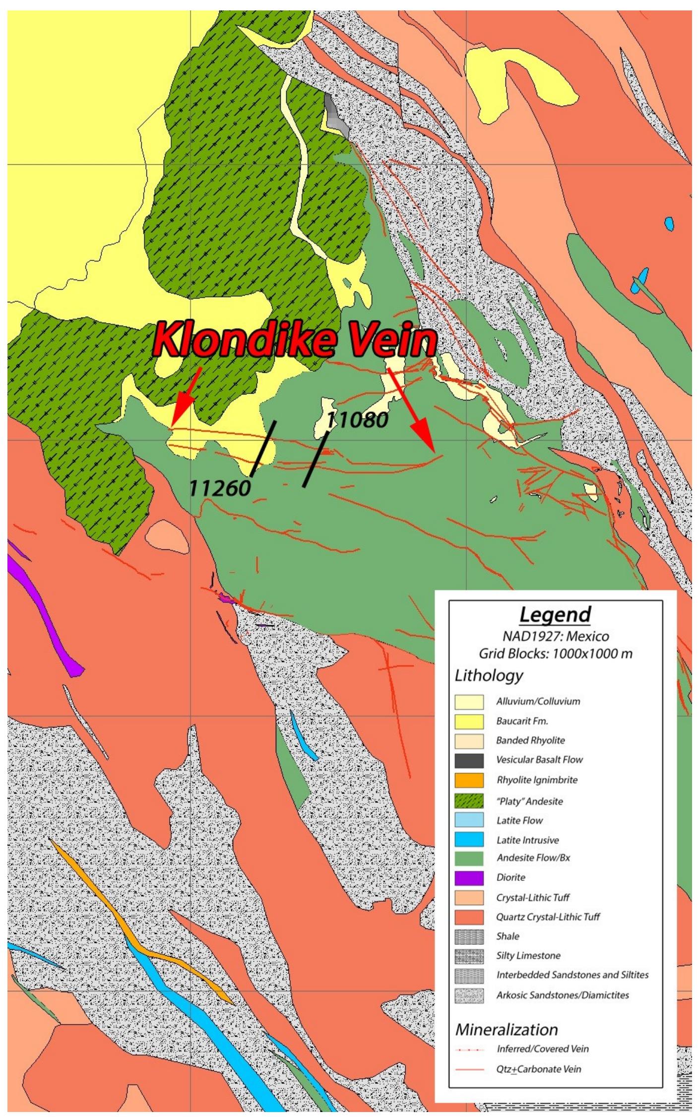Geologic map of the klondike vein zone. black lines are the