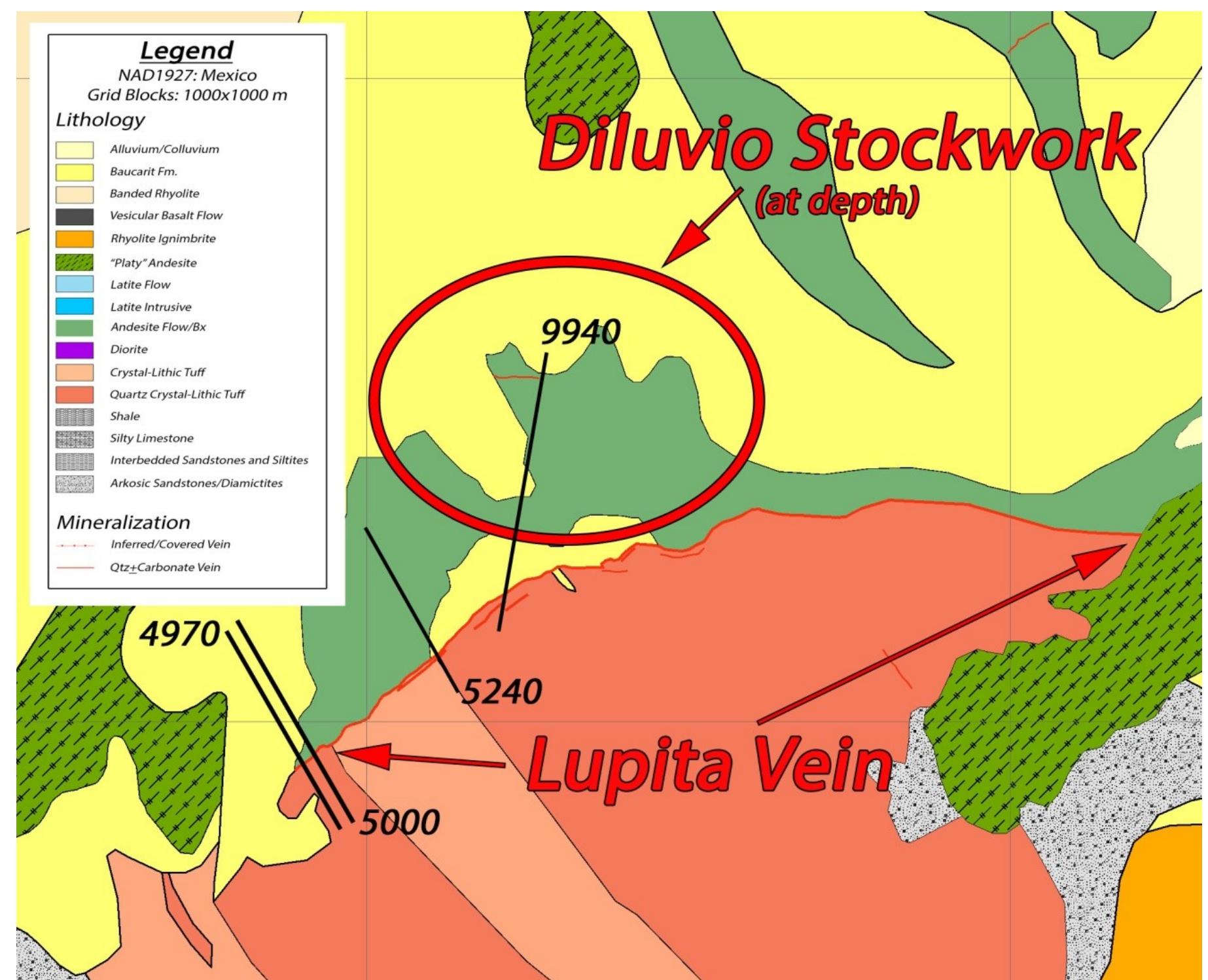 Geologic map of the lupita/diluvio zone. study cross