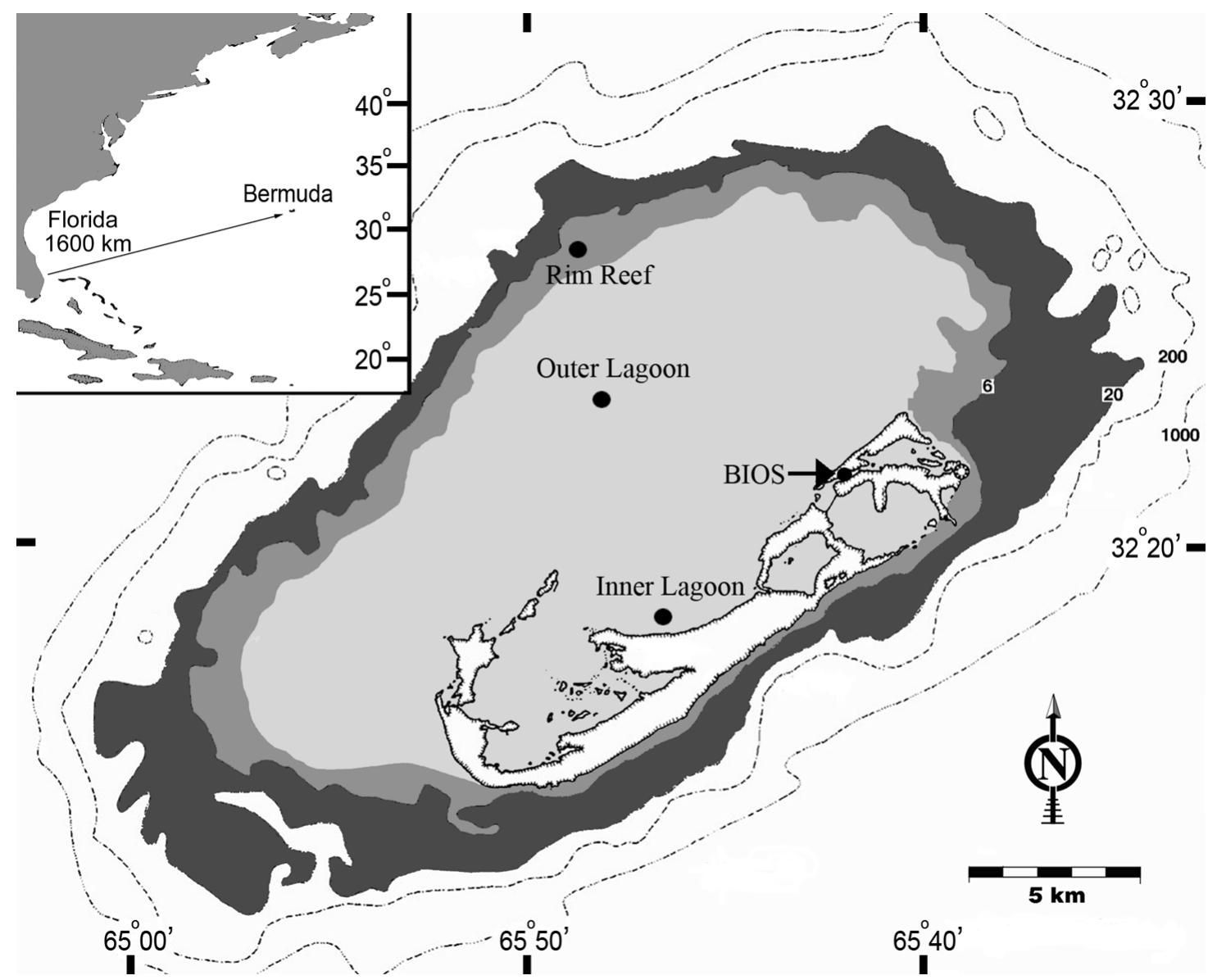 Map of bermuda showing the atlantic location (insert) and