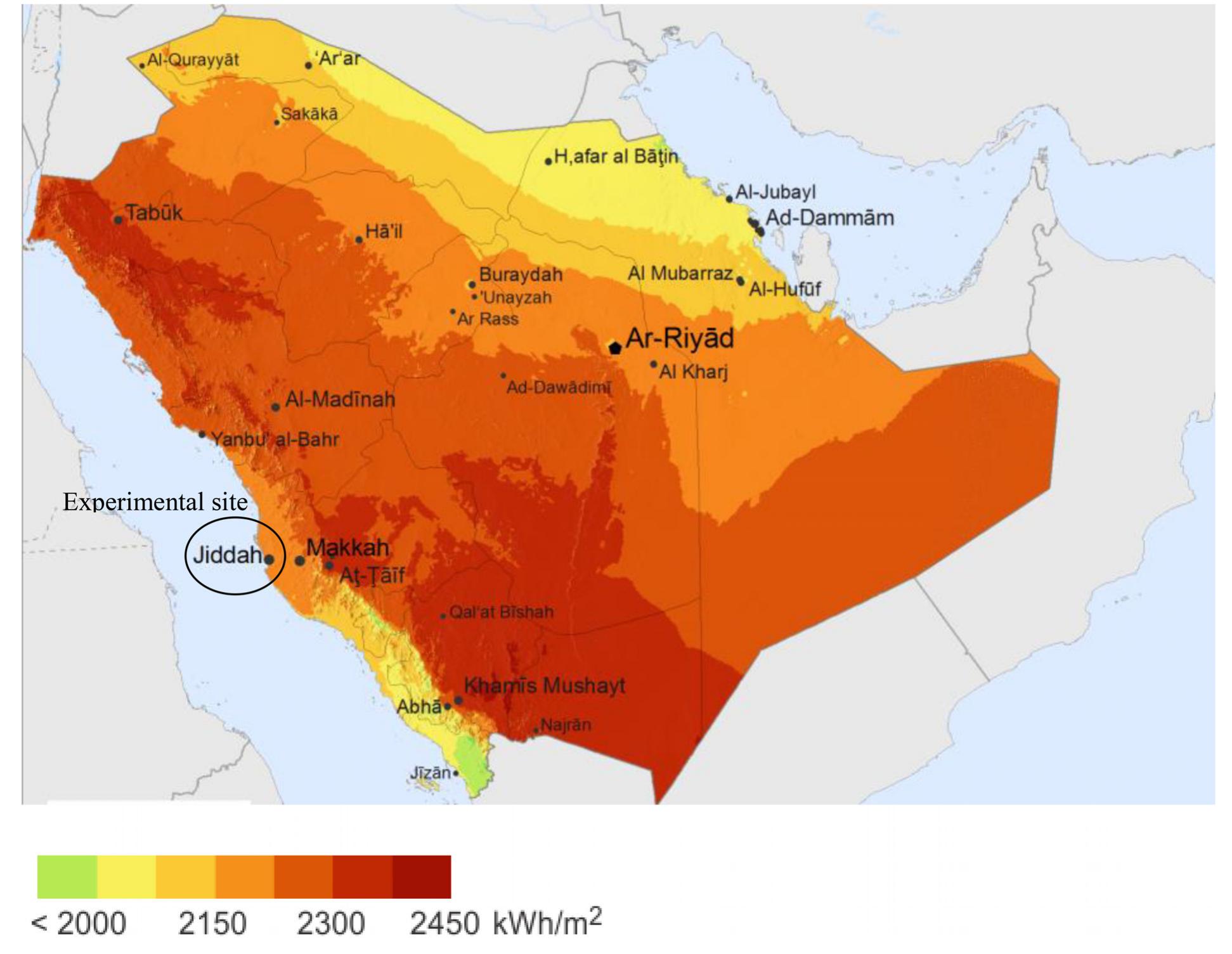 Solar map of saudi arabia with the average daily sum of