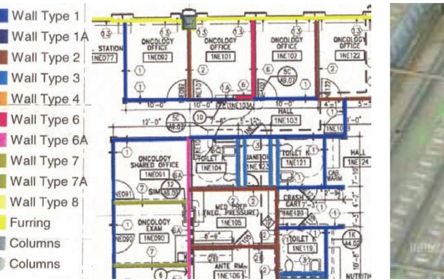 Color coding of design drawing shows different wall types
