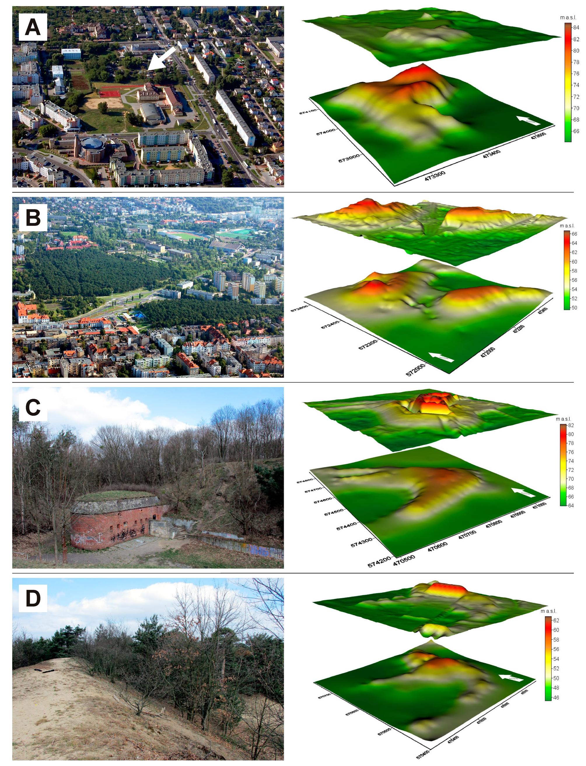Examples of destroyed and transformed dunes and 3d models of