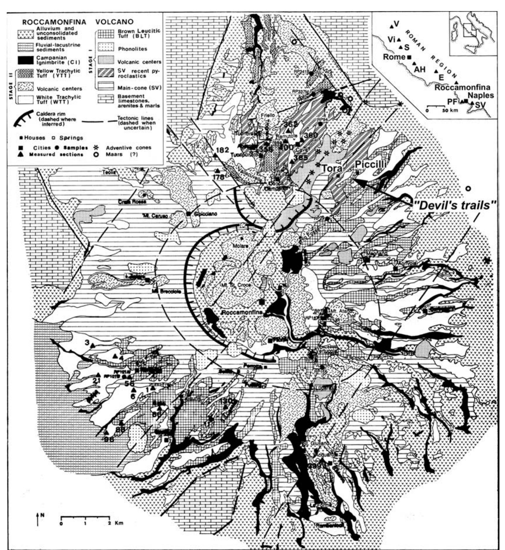 Simplified geological map of roccamonfina volcano. inset