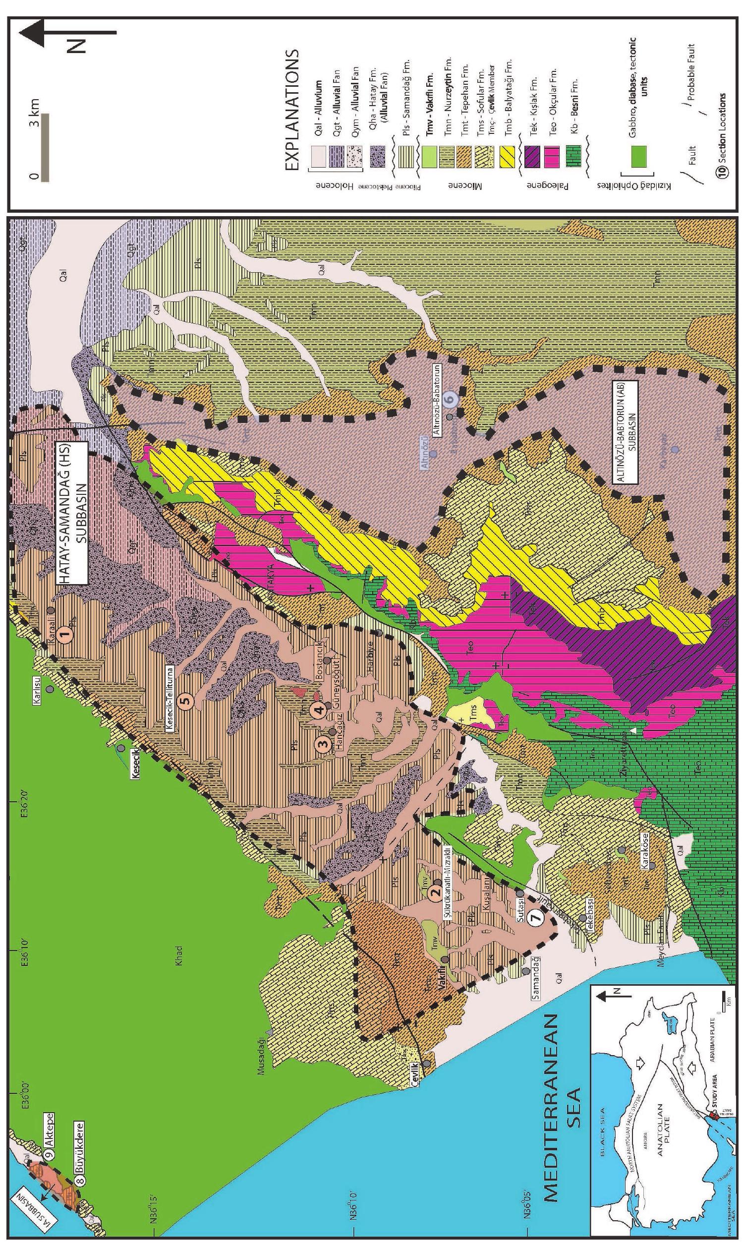 Geological map of the region and localities of the measured
