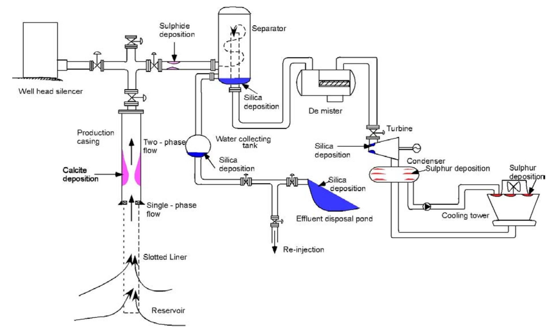 Flow diagram showing common locations of solid deposition