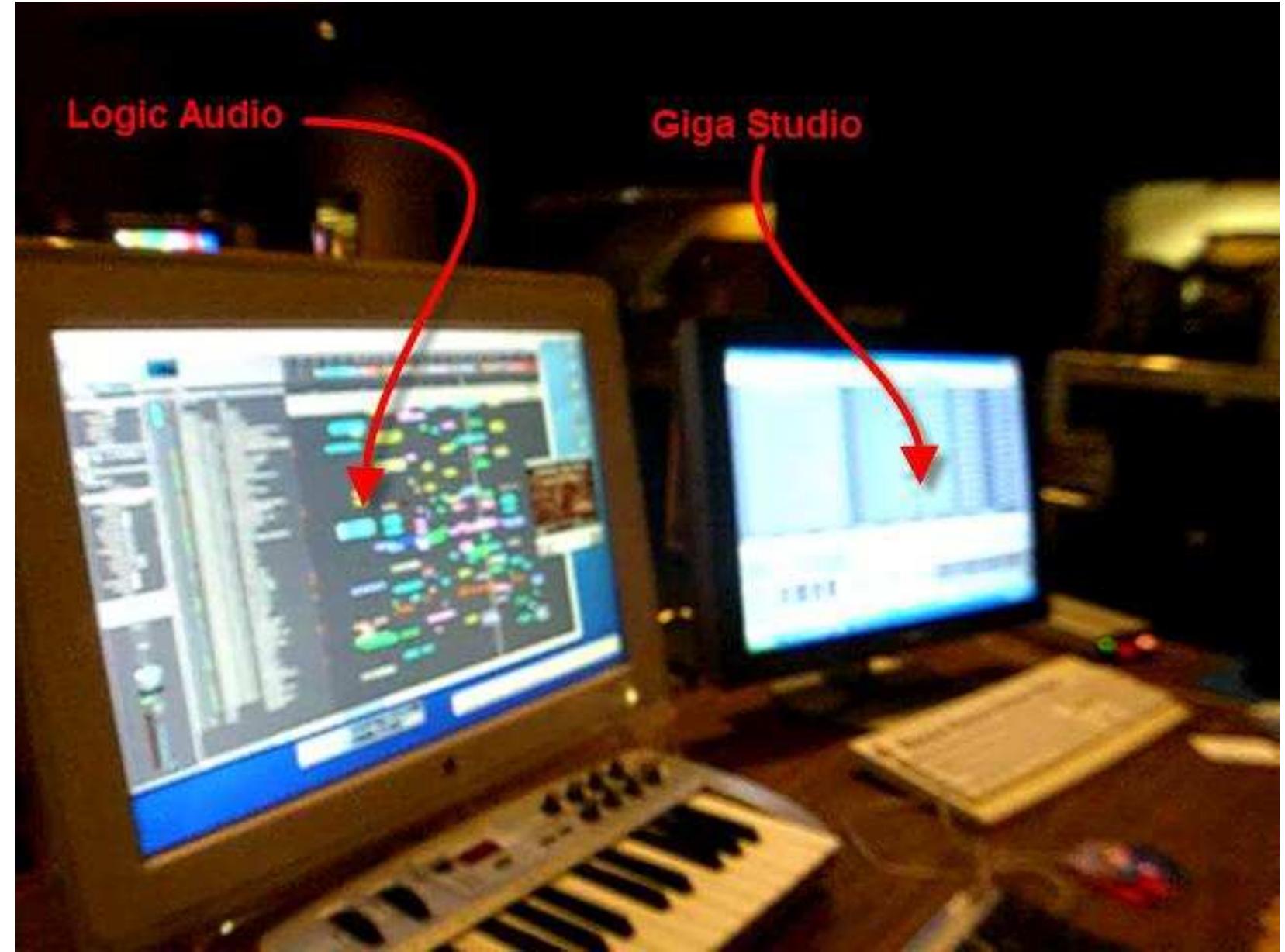 Newman scoring stage: composer's daw and mock-up orchestra