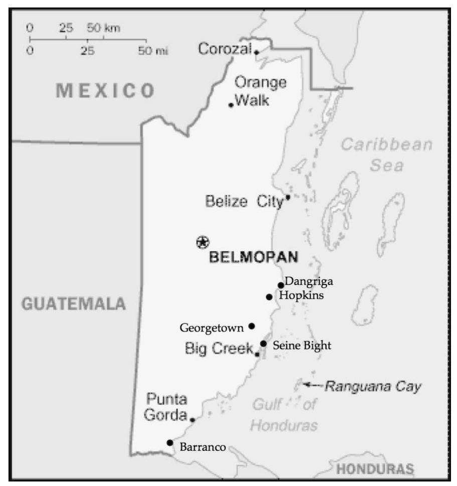 1: map of garifuna communities in belize from cia: the world