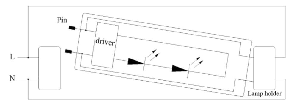 Simplified circuit diagram of double capped led linear lamp.