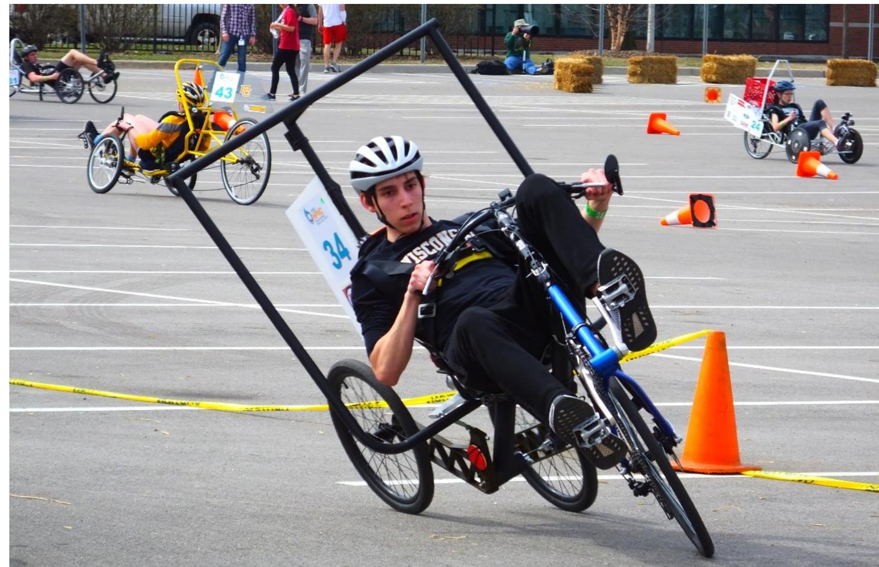 Tricycle in action at asme hpvc, piloted by uwm team member