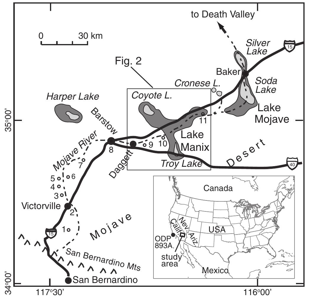 Map showing late pleistocene lake basins along the mojave