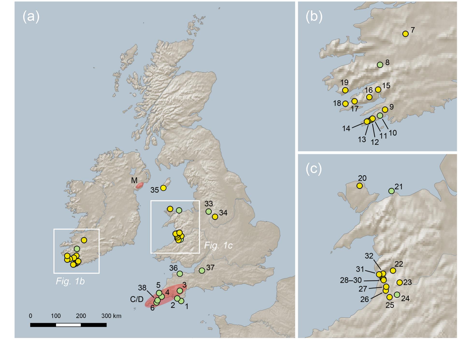 Map of great britain and ireland with the locations and