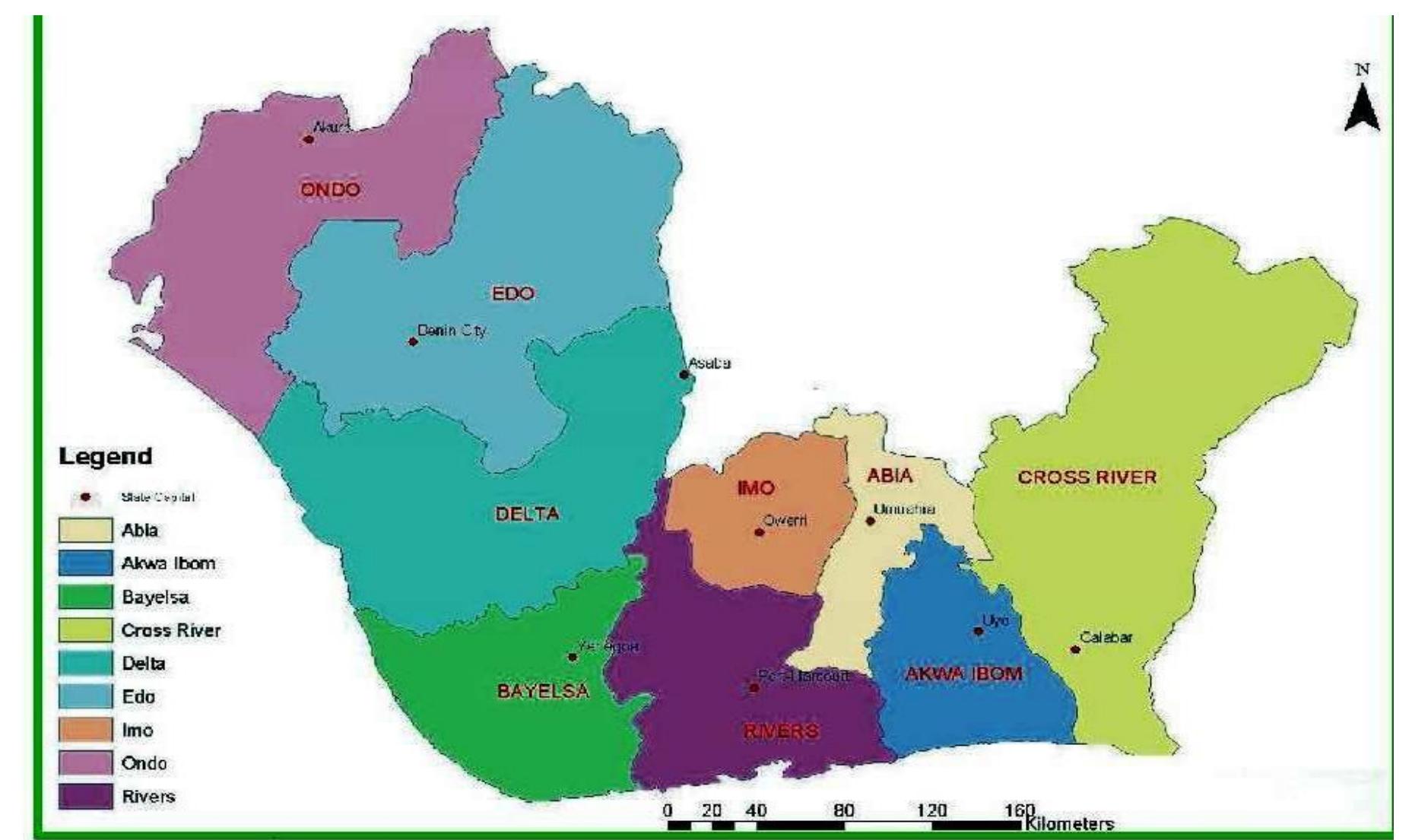 Niger delta map showing the states in the region source: