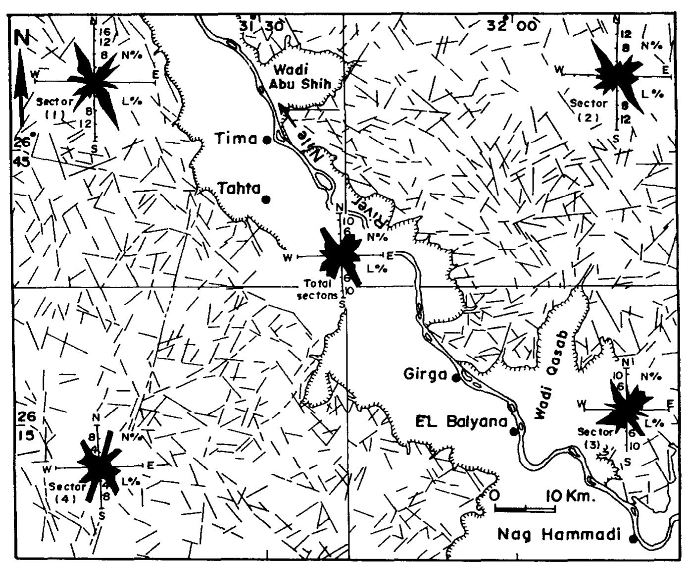 Sketch map of surface lineaments 2-100 km long. the rose