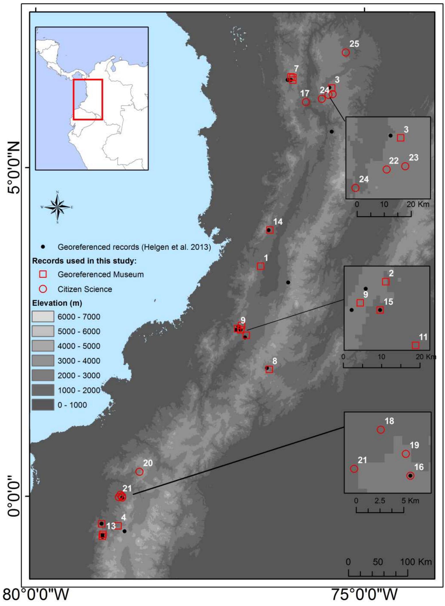 Map of occurrence records for the olinguito bassaricyon