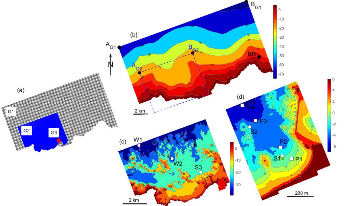Model setup: (a) nested model grids, g1, g2, and g3; (b)