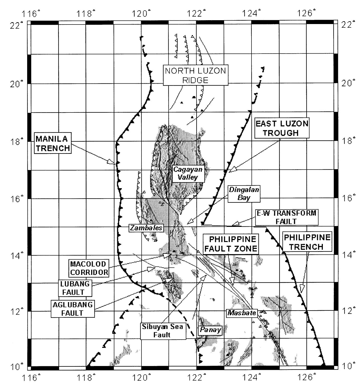 Map showing the major tectonic features, main islands in